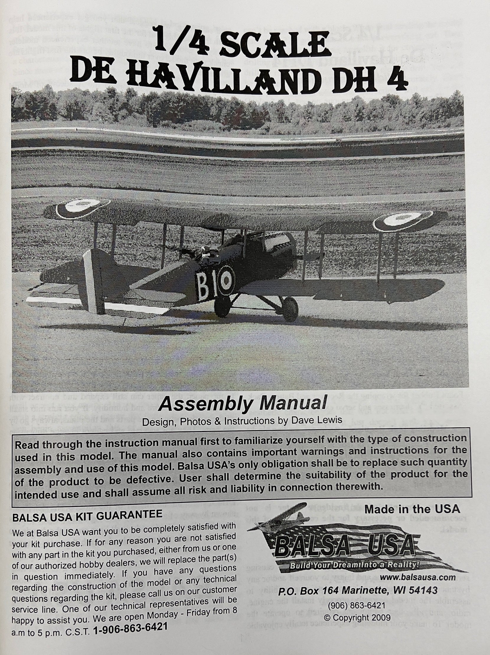 1/4 Scale DeHavilland DH4 Instruction Manual – Balsa USA