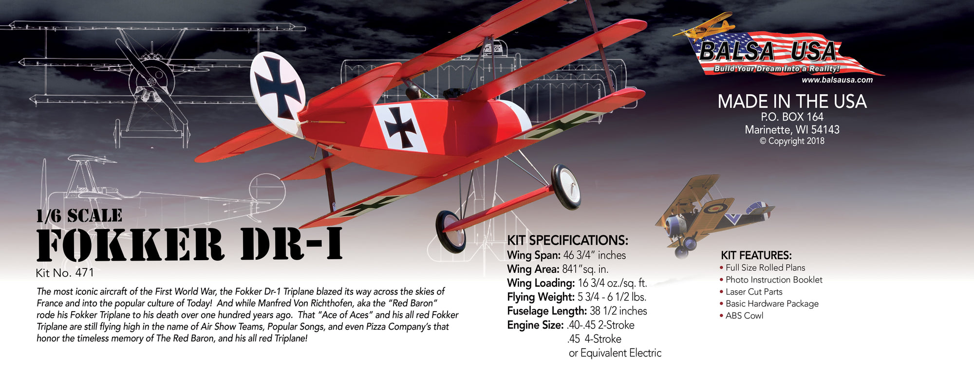 1/6 Scale Fokker DR.1 Triplane – Balsa USA