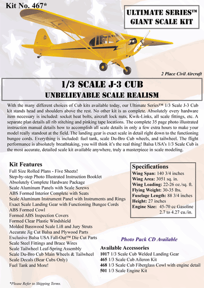1/3 Scale J-3 Piper Cub – Balsa USA