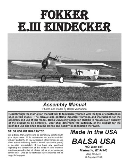 Fokker Eindecker 90 Plans and Instruction Manual – Balsa USA