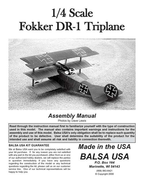 1/4 Scale Fokker DR-1 Triplane Plans and Instruction Manual – Balsa USA