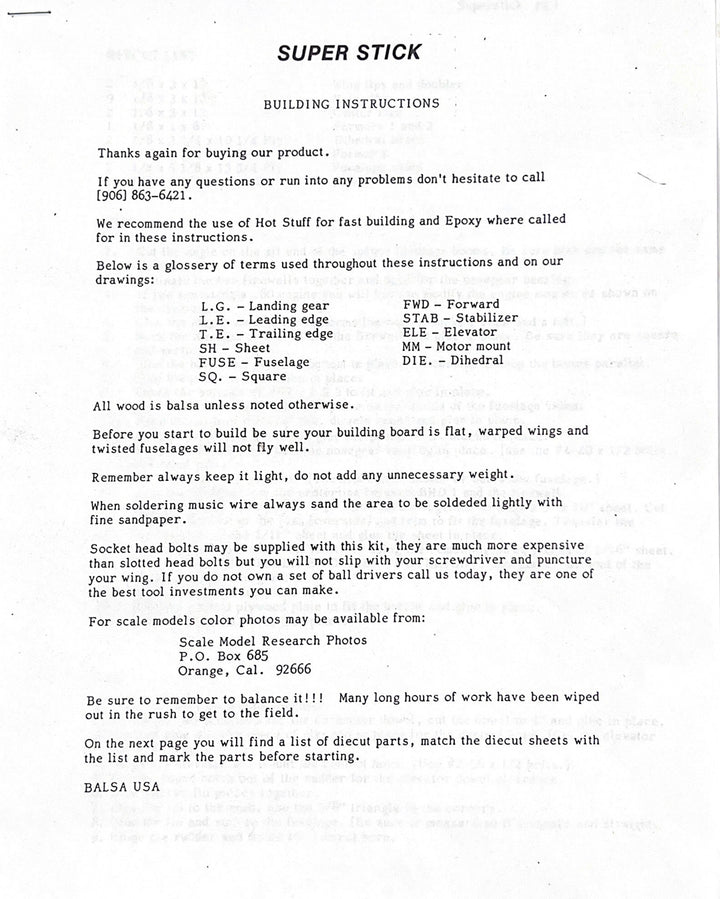 Superstick Plans and Instruction Manual – Balsa USA